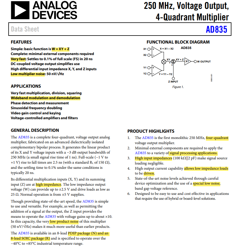 芯片datasheet阅读 以乘法器AD835为例 | T-ATOM
